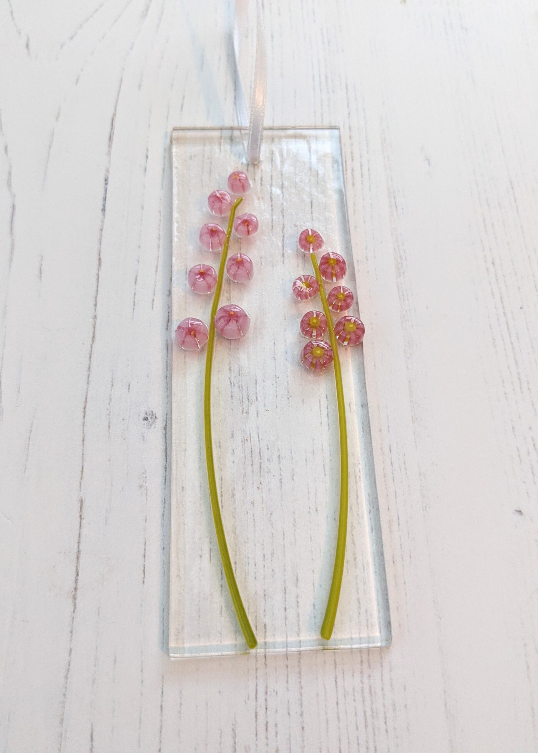 Pink Flower Rectangle Hanger - Sparkly Place Fused Glass