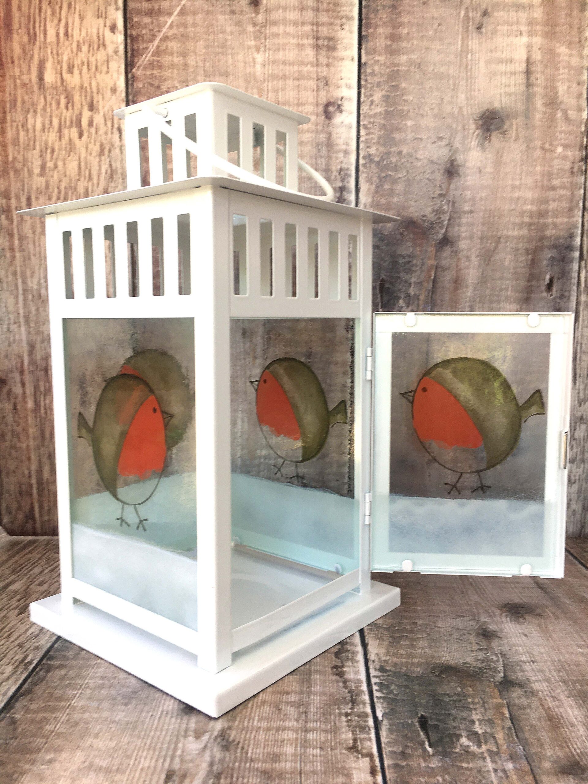 Fused Glass Robin on Snow Large Lantern - Sparkly Place Fused Glass